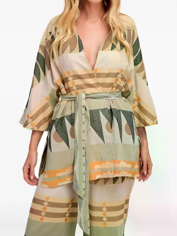 PEARL & CAVIAR Geometric Print Belted Coat