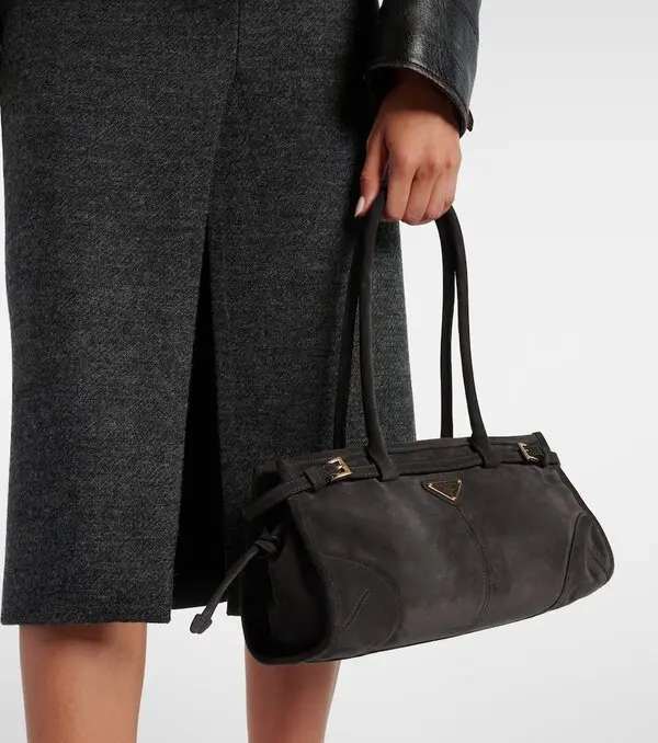 Prada Bonnie Medium Suede Shoulder Bag - Grey