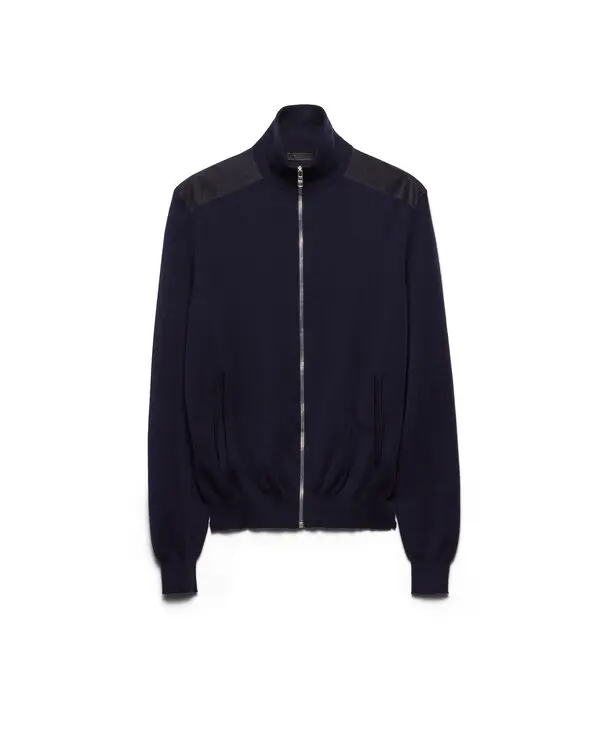 Prada Cashmere Zip-up Cardigan With Leather Inserts