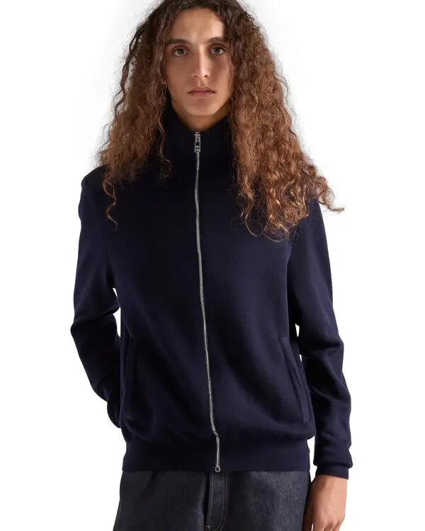 Prada Cashmere Zip-up Cardigan With Leather Inserts