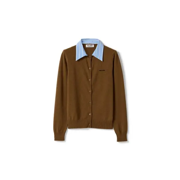 Miu Miu Cashmere Cardigan With Detachable Cotton Collar - Tobacco/celeste