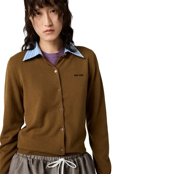 Miu Miu Cashmere Cardigan With Detachable Cotton Collar - Tobacco/celeste