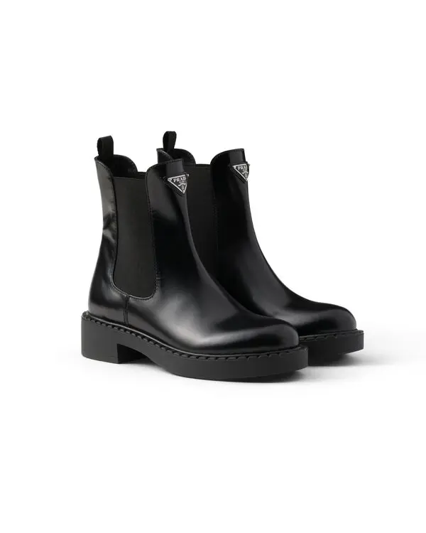 Prada Chocolate Brushed Leather Chelsea Booties - Black
