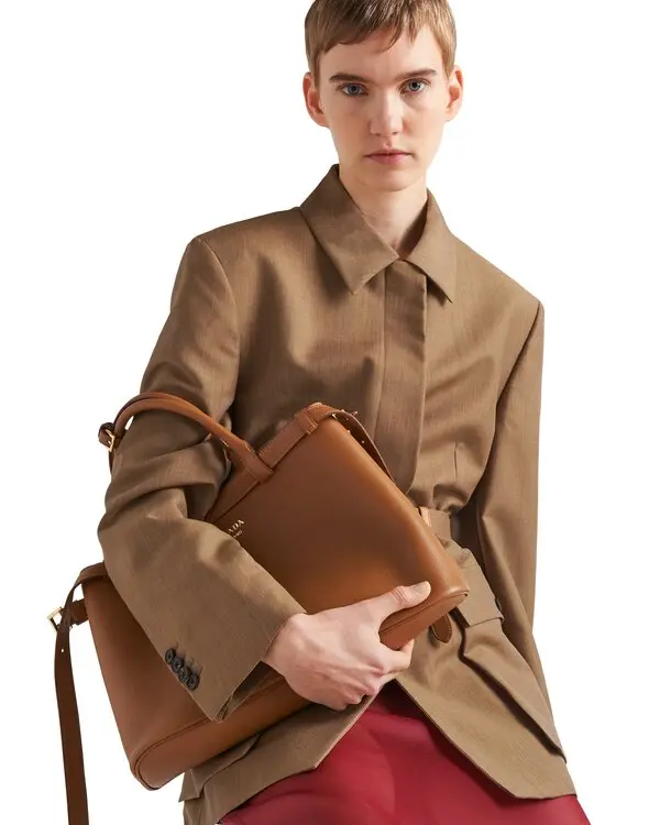 Prada Medium Leather Handbag With Double Belt - Caramel