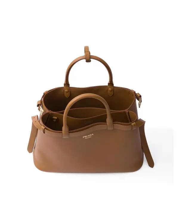 Prada Medium Leather Handbag With Double Belt - Caramel