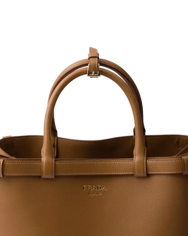 Prada Medium Leather Handbag With Double Belt - Caramel