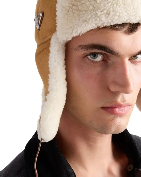 Prada Suede And Shearling Trapper Hat - Honey