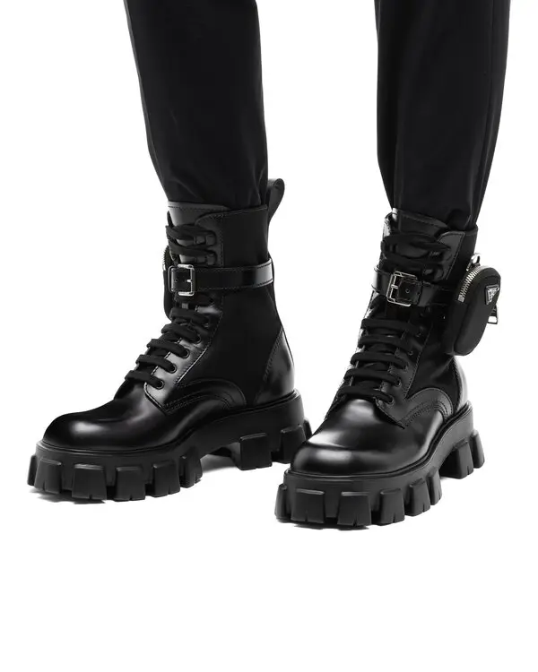 Prada Monolith Brushed Leather And Re-nylon Boots With Pouch