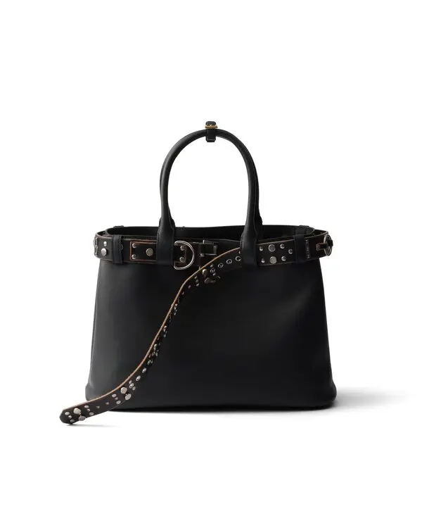 Prada Large Studded Belt Leather Tote Bag - Black