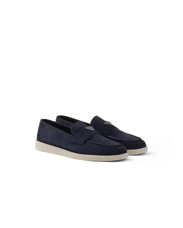 Prada Suede Loafers With Enameled Triangle Logo - Navy