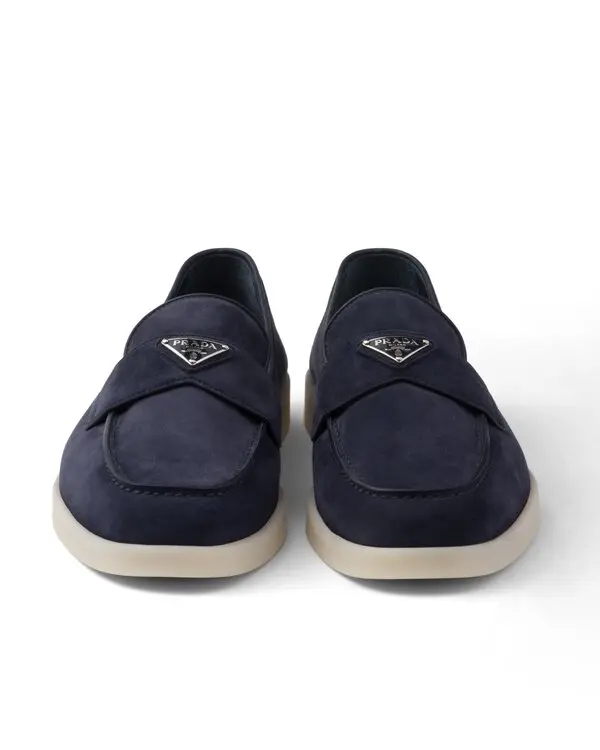 Prada Suede Loafers With Enameled Triangle Logo - Navy