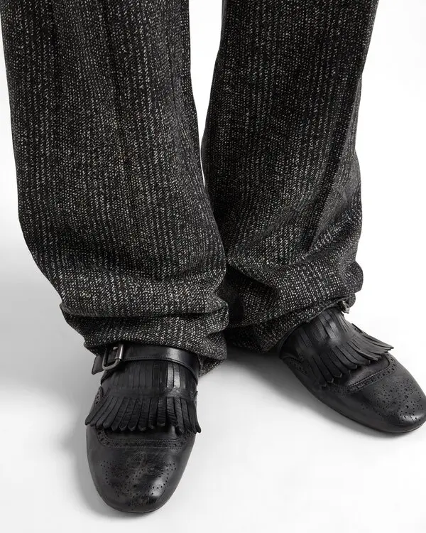 Prada Shuffle Antiqued Leather Mules With Buckled Strap And Fringe - Black