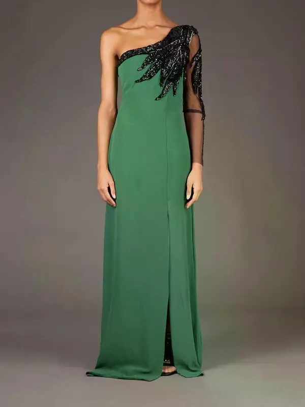 GEORGES MAK Vanessa' One Shoulder Sequin Embroidered Maxi Dress - Green