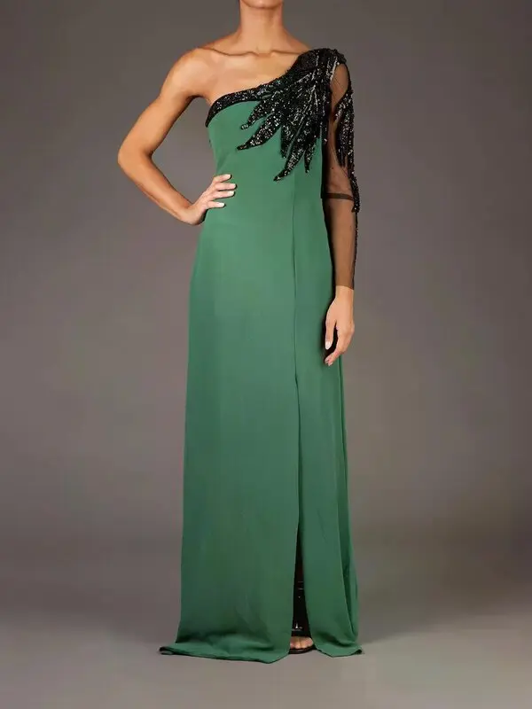 GEORGES MAK Vanessa' One Shoulder Sequin Embroidered Maxi Dress - Green