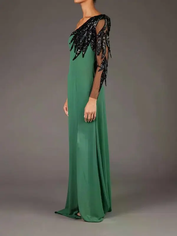 GEORGES MAK Vanessa' One Shoulder Sequin Embroidered Maxi Dress - Green
