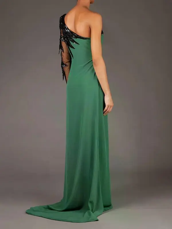 GEORGES MAK Vanessa' One Shoulder Sequin Embroidered Maxi Dress - Green