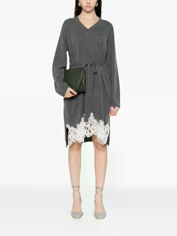 Fabiana Filippi Lace-trimmed Wool Blend V-neck Dress - Grey