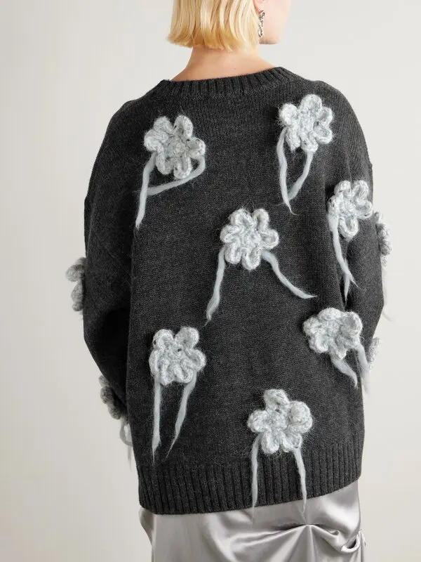 GANNI Appliquéd Wool-blend Sweater - Gray