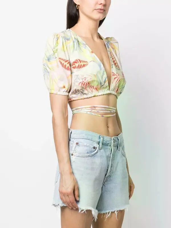 TWINSET Floral Print Cropped Top With Puff Sleeves