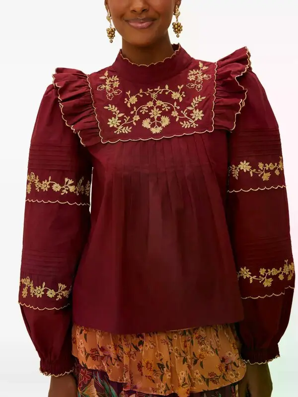 Farm Rio Embroidered Ruffled High Neck Blouse