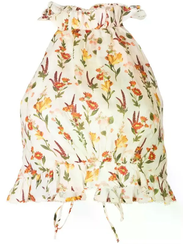 Agua Bendita Floral Print Halterneck Cropped Top - Neutrals