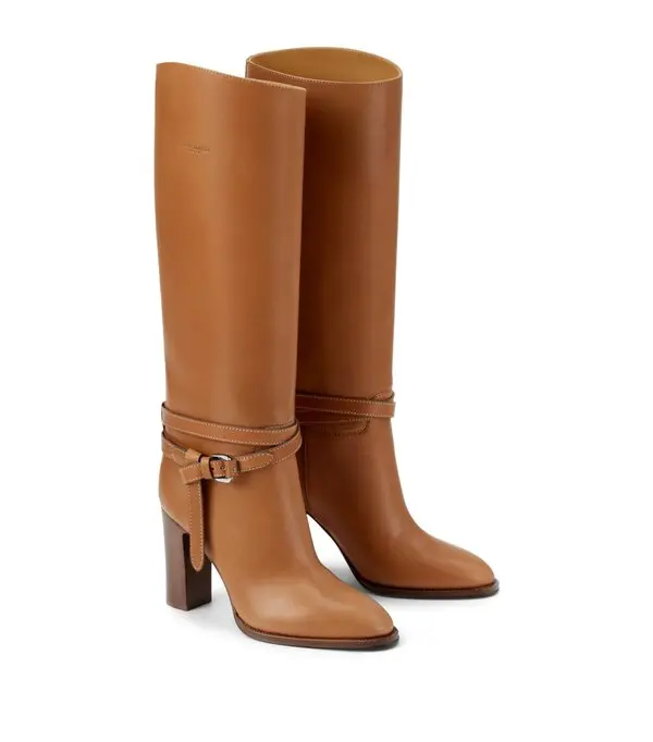 Ralph Lauren Leather Knee-high Boots With Buckled Straps - Gold