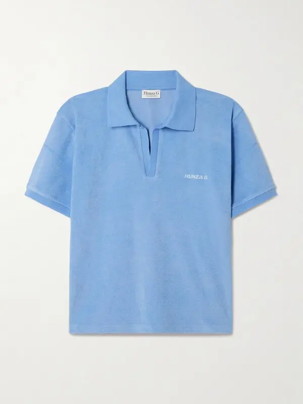 Hunza G Embroidered Cotton-terry Polo Shirt - Blue