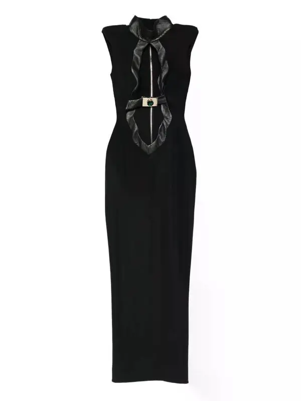 MITILIANE COUTURE Sleeveless Maxi Dress With Leather Inserts And Stone Detail - Black