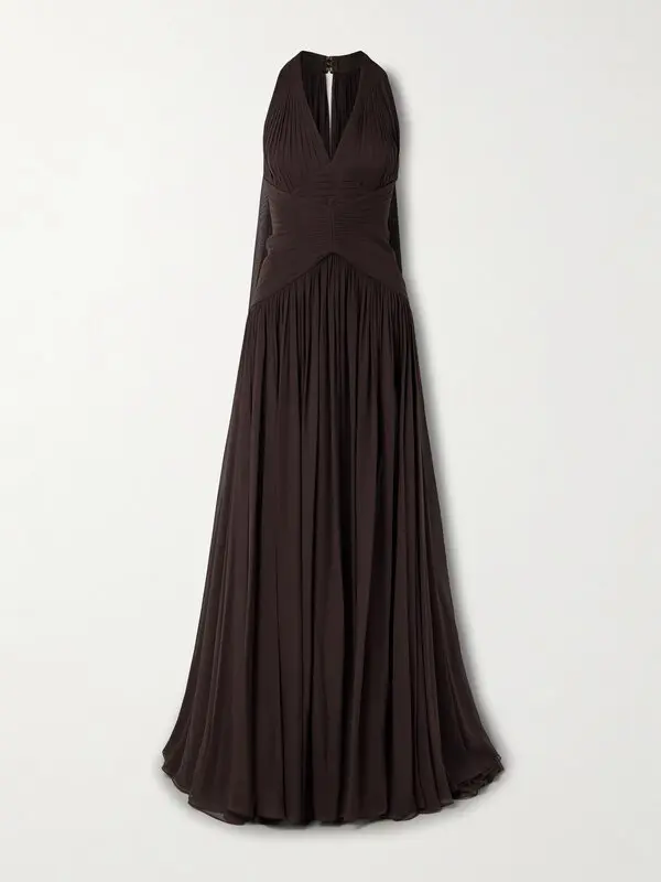 Elie Saab Cape-effect Gathered Silk-georgette Gown - Brown