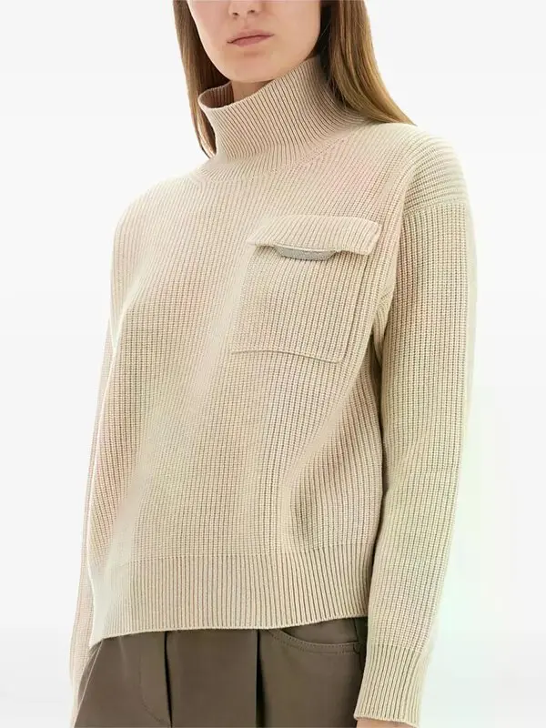 Brunello Cucinelli High-neck Ribbed Knit Sweater With Flap Pocket