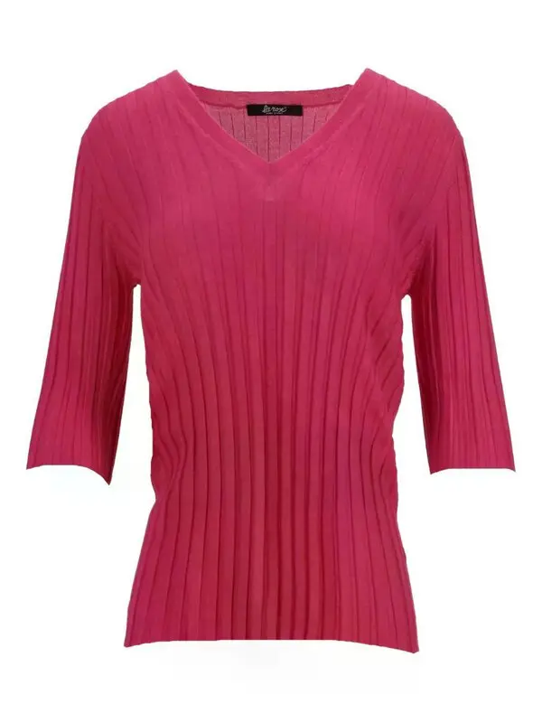 LA ROSE V-neck Ribbed Knit Top - Pink