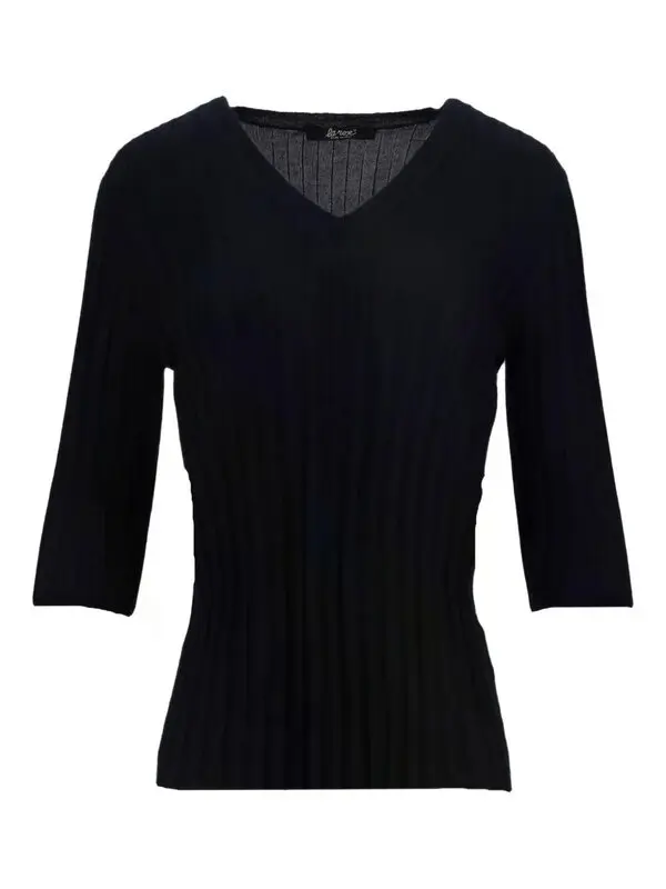 LA ROSE V-neck Ribbed Knit Top - Blue