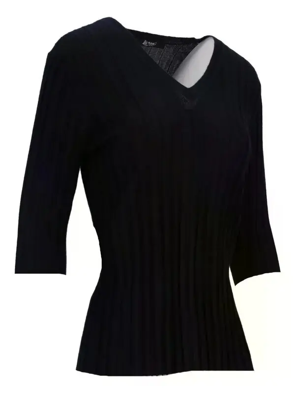 LA ROSE V-neck Ribbed Knit Top - Blue