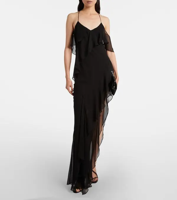 THE SEI Ruffled Silk Chiffon Maxi Dress - Black