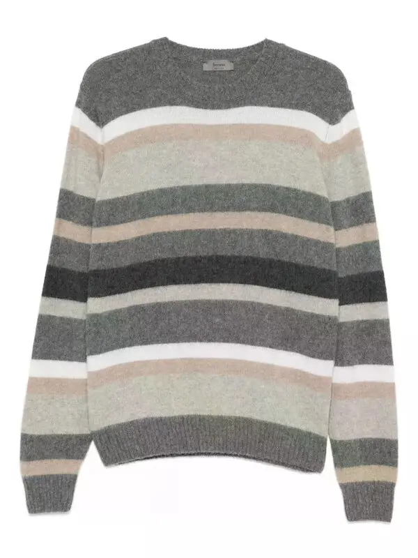 FERRANTE Striped Round Neck Long Sleeve Sweater - Grey