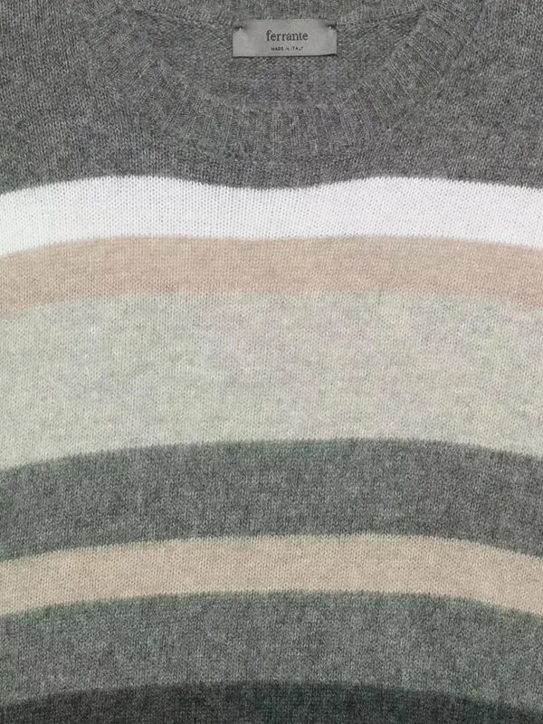 FERRANTE Striped Round Neck Long Sleeve Sweater - Grey