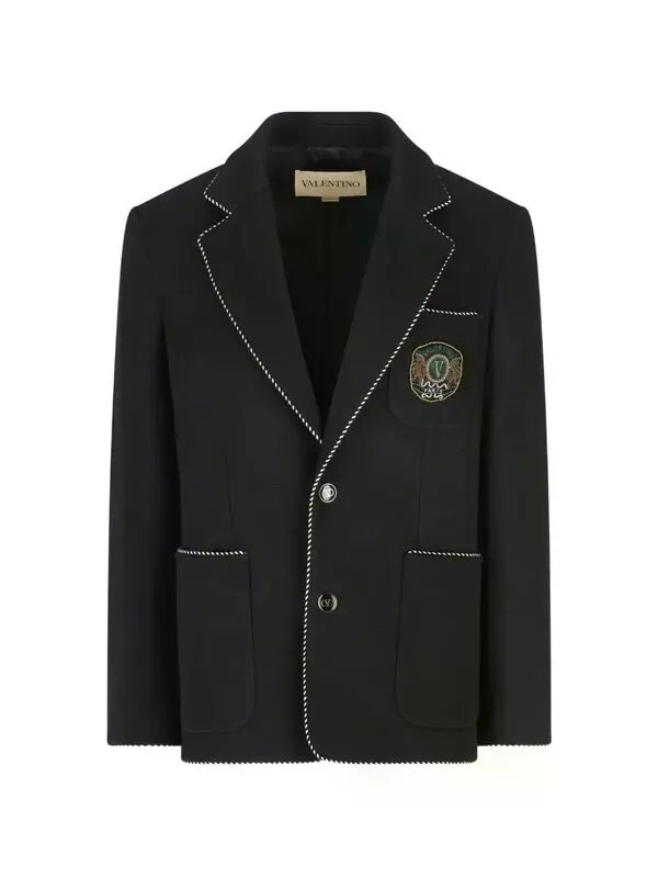 Valentino Garavani Single-breasted Wool Jacket With Torchon Piping And Emblem - Black