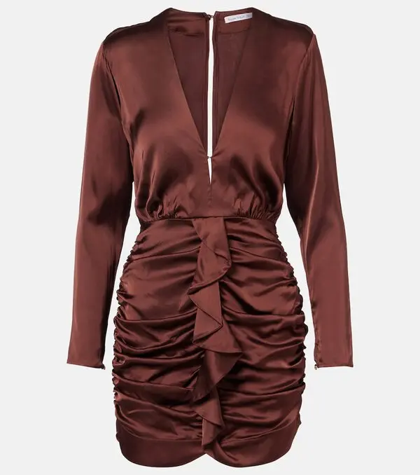 Poupette St Barth Ruffled Satin Minidress - Brown