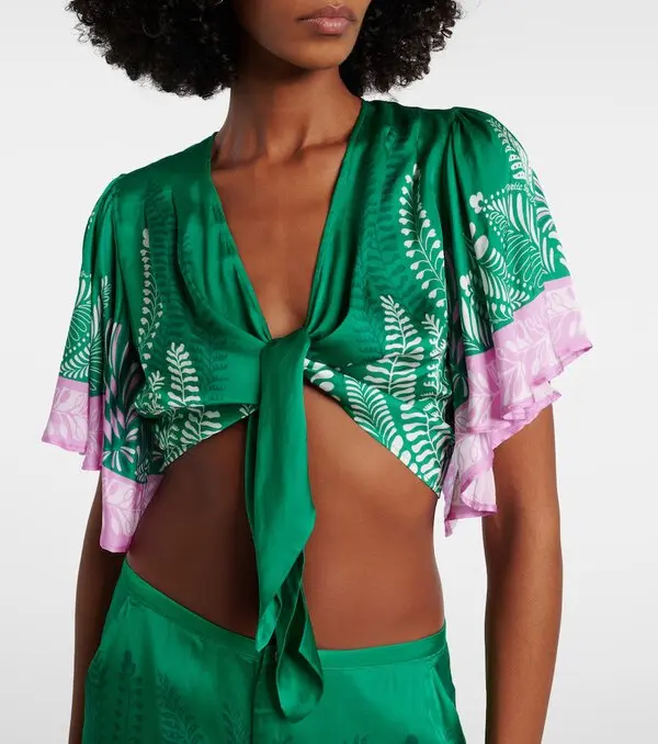 Poupette St Barth Rose Satin Crop Top - Green