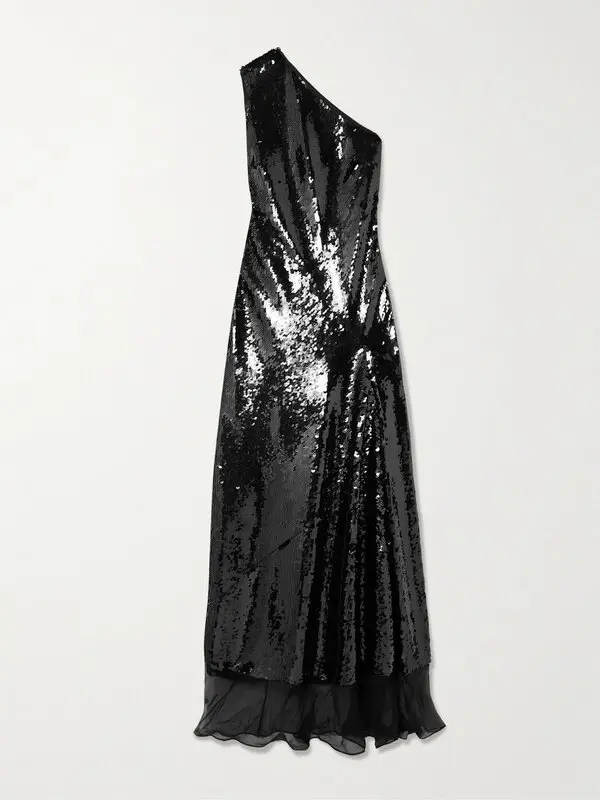 Stella McCartney One-shoulder Sequined Tulle Gown With Chiffon Trim - Black