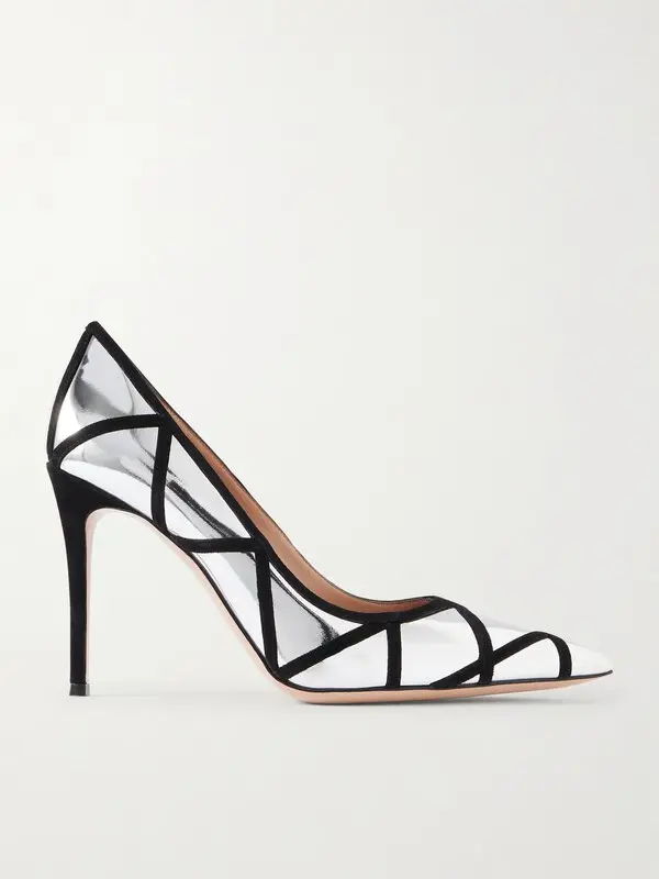 GIANVITO ROSSI 95 Suede-trimmed Mirrored-leather Pumps - Silver