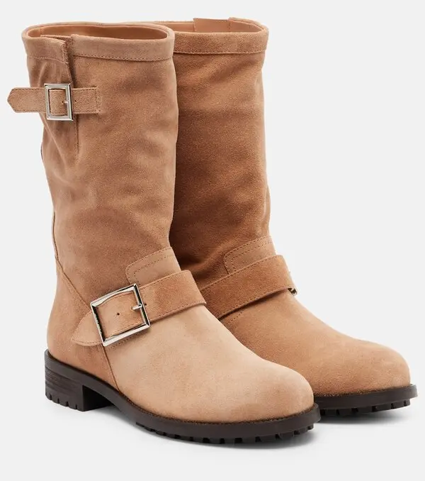 JIMMY CHOO Biker Suede Mid-calf Boots - Beige