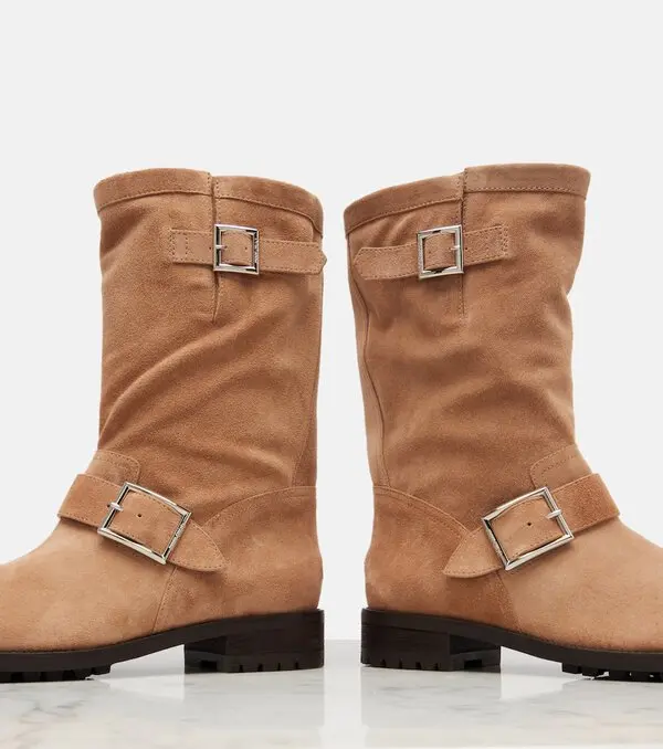 JIMMY CHOO Biker Suede Mid-calf Boots - Beige