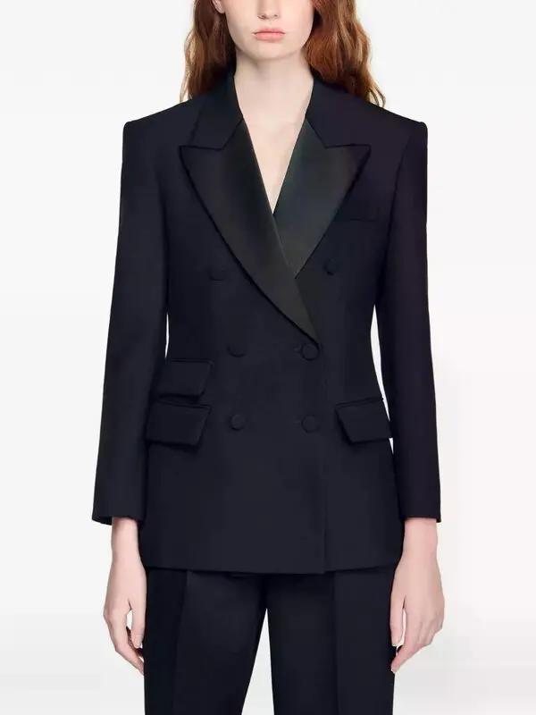 Sandro Double-breasted Satin Lapel Blazer