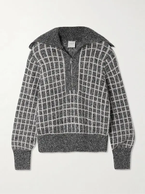 Varley Furley Checked Cotton-blend Bouclé Half-zip Sweater - Gray