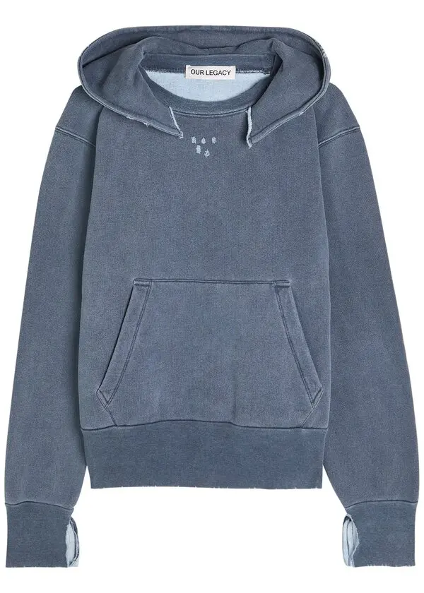 Our Legacy Hooded Cotton Sweatshirt With Distressed Details - Blue