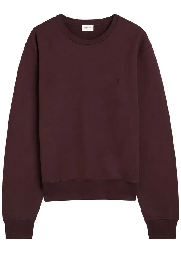 Saint Laurent Logo Embroidered Cotton Sweatshirt - Brown