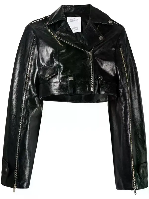 Rokh Cropped Leather Biker Jacket - Black