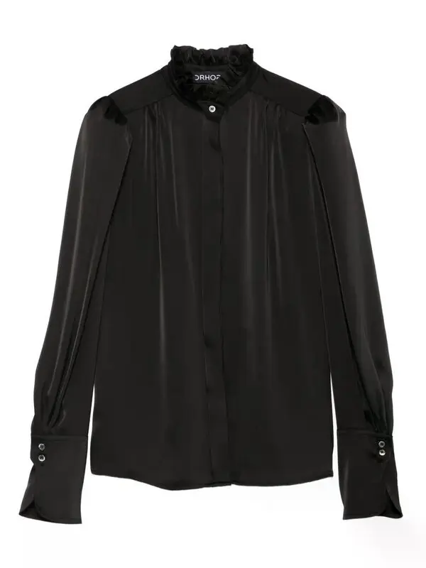 DRHOPE Black Ruffled Neck Button Fastening Long Sleeve Shirt - Blue