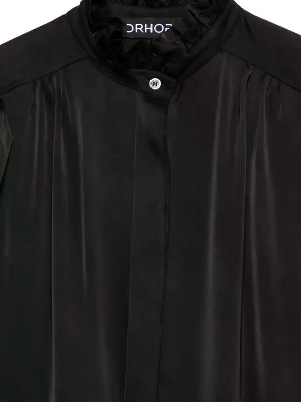 DRHOPE Black Ruffled Neck Button Fastening Long Sleeve Shirt